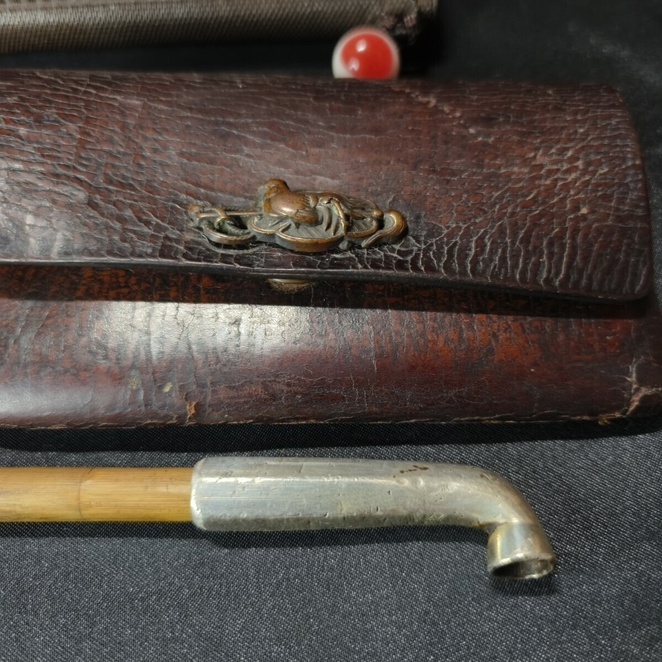 Vintage! Japanese antique silver smoking pipe Kiseru with leather case ...