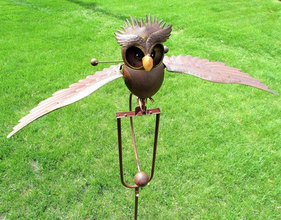 Wing Flapping Kinetic Metal Brown Owl Yard Stake Rocking Wind Spinner ...