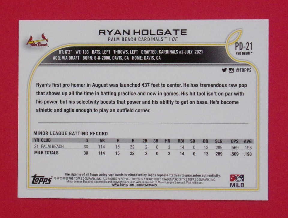 2022 Topps Pro Debut Ryan Holgate Autographs #PD21 Palm Beach Cardinals ...