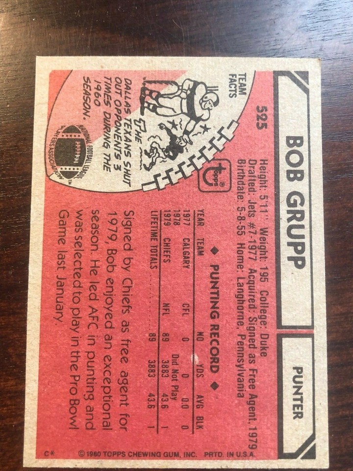 BOB GRUPP 1980 Topps Football ERROR Print INK Bleed Card #525 OddBaLL ...