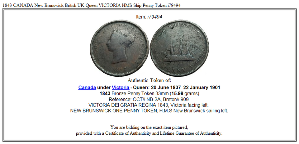 1843 CANADA New Brunswick British UK Queen VICTORIA HMS Ship Penny ...