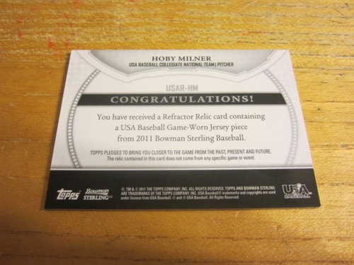 Hoby Milner 2011 Bowman Sterling USA Baseball Relics #HM Jersey Card ...