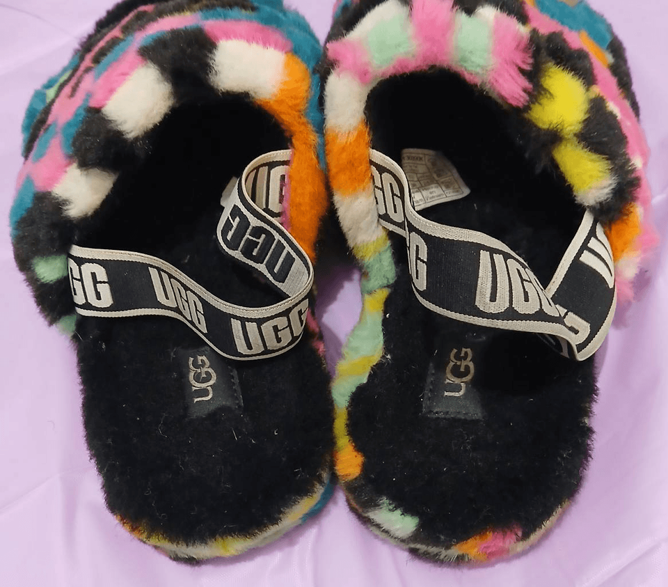 Uggs womens size 8 fluff yeah sandals checkered plaid pink slippers ...