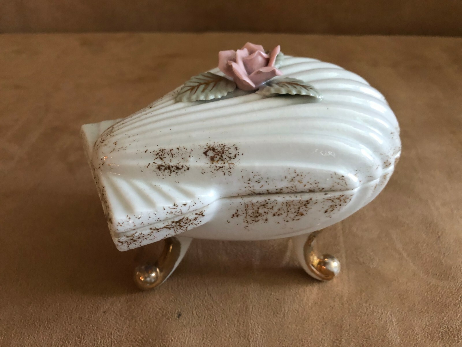 Trinket box rose 6" footed pink white seashell nautical decor porcelain ...