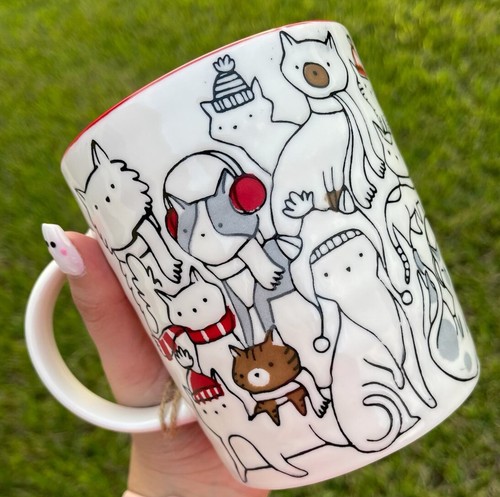 NEW Prima Design Red & White Festive Winter Holiday Cat Cats 18oz ...