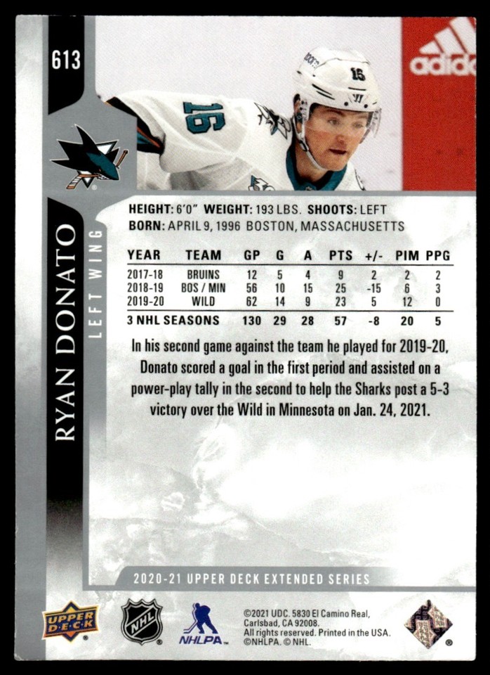 2020-21 UPPER DECK HOCKEY CARD RYAN DONATO #613 SAN JOSE SHARKS 5671 | eBay