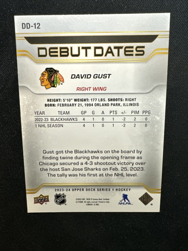 23-24 UD Series 1 Hockey Rookie Debut Dates DD-12 David Gust | eBay