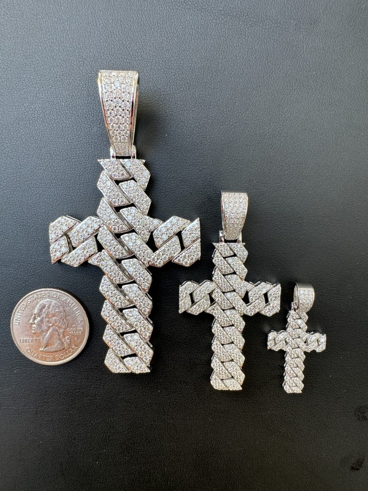 MOISSANITE Prong Miami Cuban Link Cross Pendant - 925 Silver Necklace 3 ...