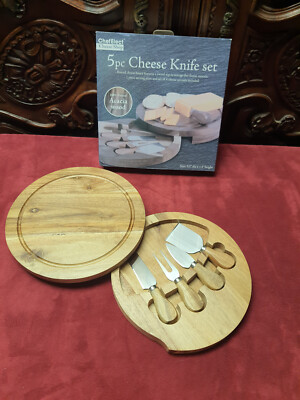 Cheese Board round & Knife Set 5 Piece Round Wood Tray by ChefElect ...