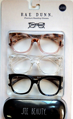 RAE DUNN +2.00 WOMEN'S READING GLASSES 3-PACK READERS + HARD CASE NEW ...