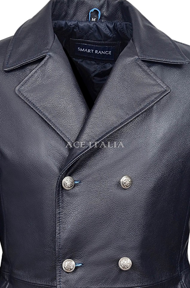 GERMAN NAVAL JACKET Men's Navy Blue ANILINE Cowhide Leather SUBMARINE ...