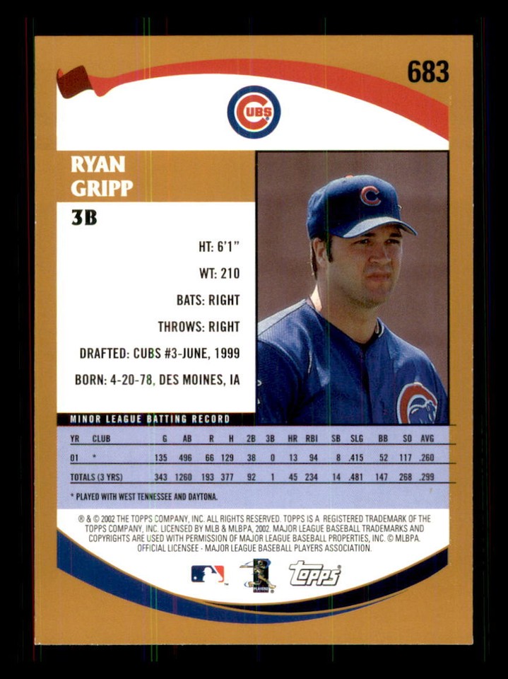 2002 Baseball Topps Ryan Gripp Chicago Cubs #683 Prospects RC | eBay