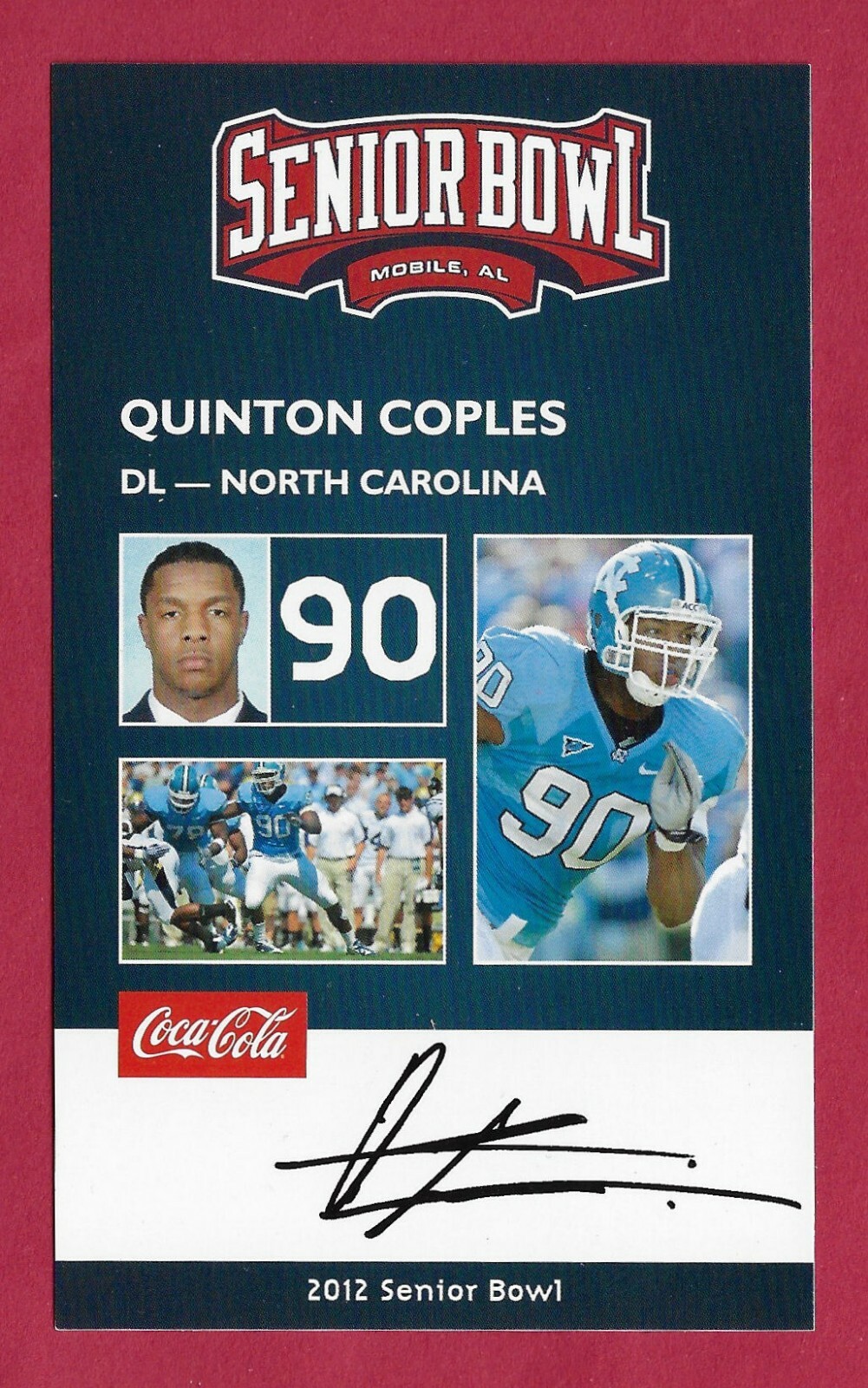 QUINTON COPLES 2012 SENIOR BOWL UNC NORTH CAROLINA TARHEELS ROOKIE NEW ...