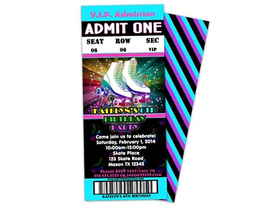 Girls 80s Roller Skate Ticket Birthday Invitations Personalized 3x7 ...