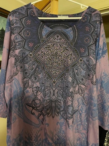 Catherine's 3x tops 3/4 sleeve light purple print w/ rhinestones | eBay