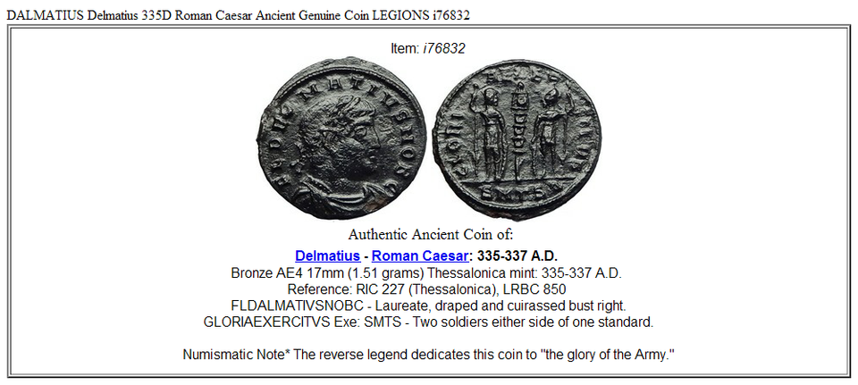 DALMATIUS Delmatius 335D Roman Caesar Ancient Genuine Coin LEGIONS ...