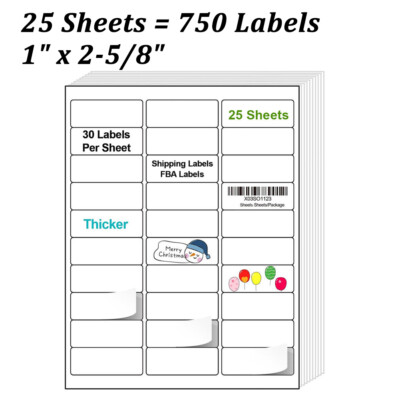 25 Sheets 1" x 2-5/8" Address Shipping Mailing Labels 30UP FBA UPC ...
