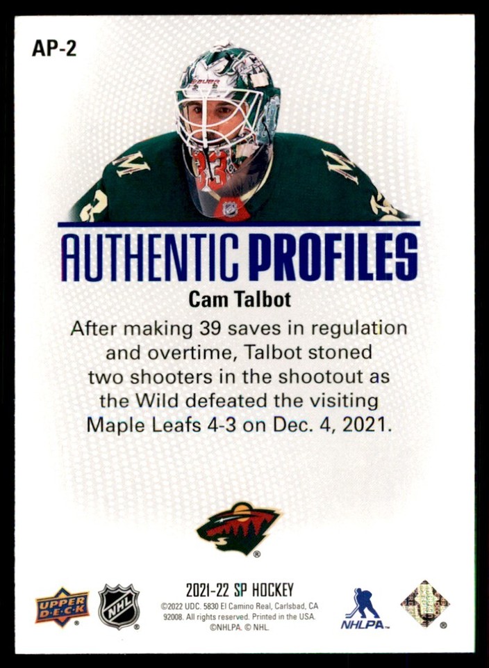 2021-22 Upper Deck SP Cam Talbot Hockey Card #AP-2 | eBay