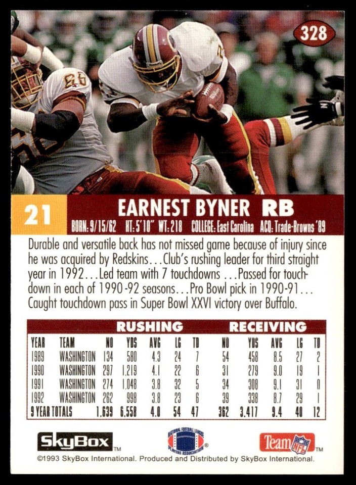 1993 SkyBox Impact Earnest Byner Washington Redskins #328 | eBay