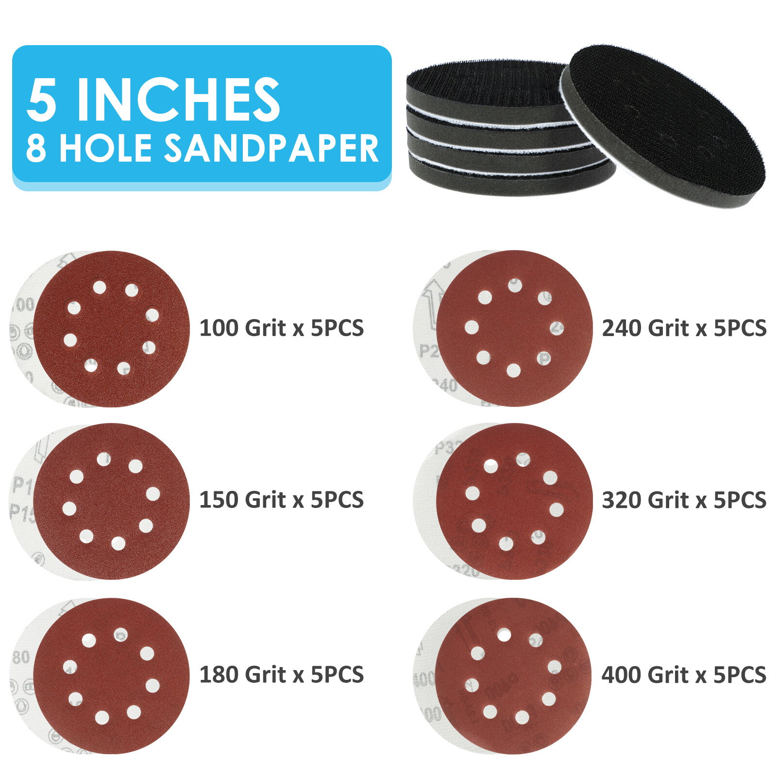 35X 5" Sanding Discs Pads 100-400Grit Mixed Orbital Sander Sandpaper ...