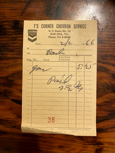 1966 T`s Corner Chevron Service Oak Hall Receipt | eBay