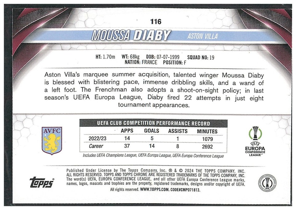 2022 Topps UEFA Club Competitions Match Attax Trading Card Moussa Diaby ...