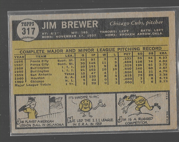 1961 Topps #317 Jim Brewer RC - Chicago Cubs (VG-EX) | eBay
