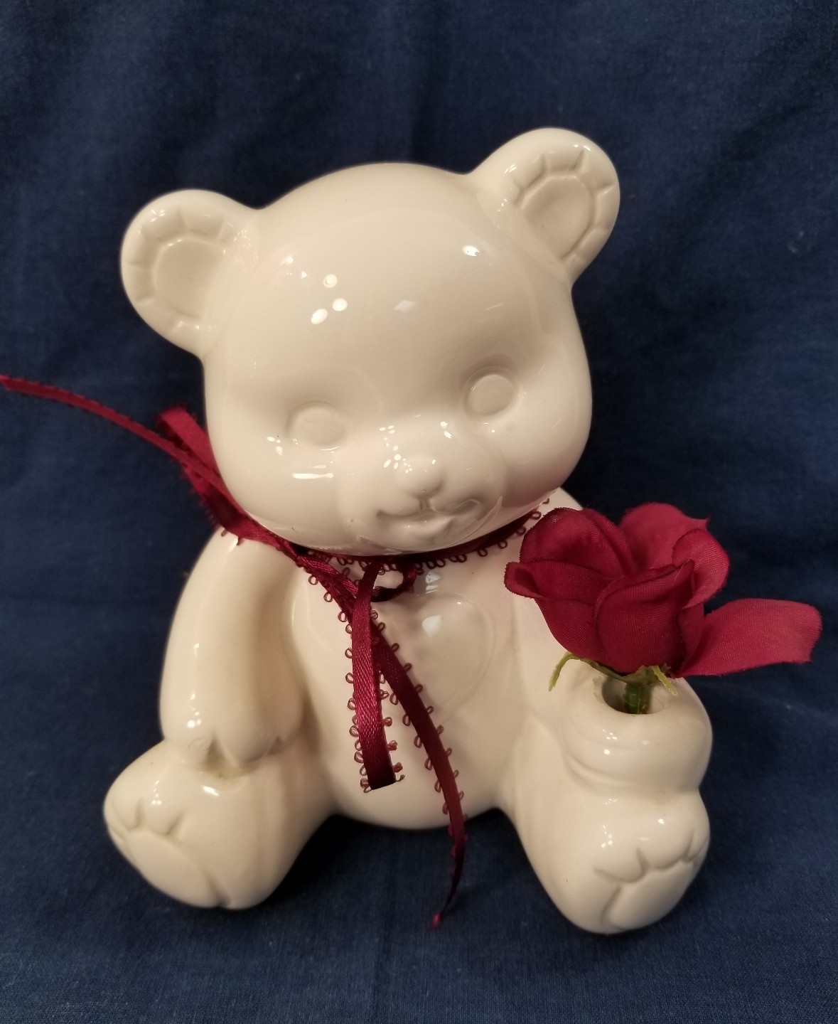 Vintage Russ Ceramic Teddy Bear Bank Figure, White w/ Maroon ribbon ...