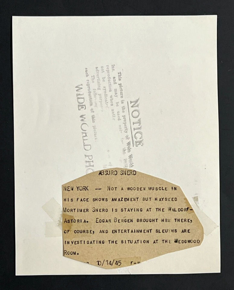 EDGAR BERGEN MORTIMER SNERD VINTAGE ORIGINAL 1945 PHOTOGRAPH WALDORF ...