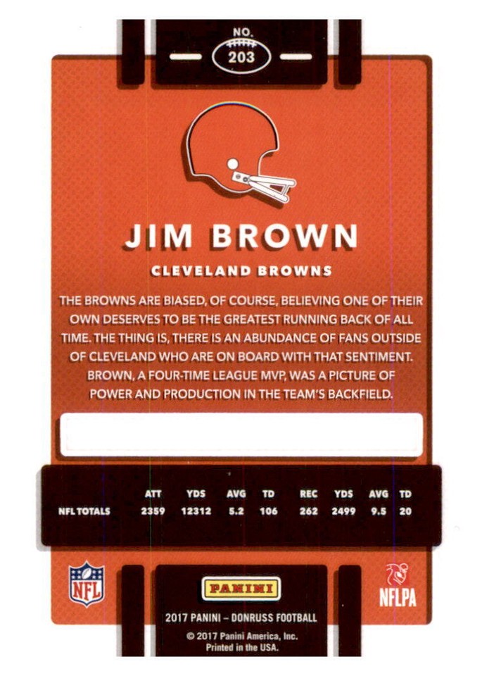 2017 Donruss Jim Brown NFL Base Card PWE Set Break HOF Browns #203 | eBay