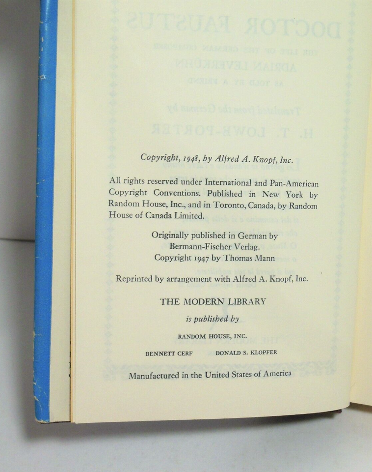 Doctor Faustus Thomas Mann Modern Library 1948 Philosophical Fiction VG ...