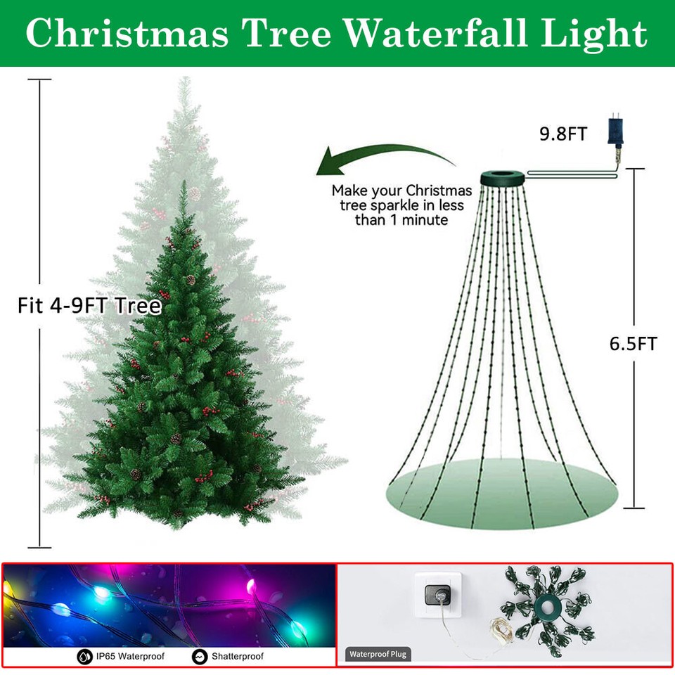 200LED Christmas Tree Waterfall String Lights RGB Color Changing Indoor ...