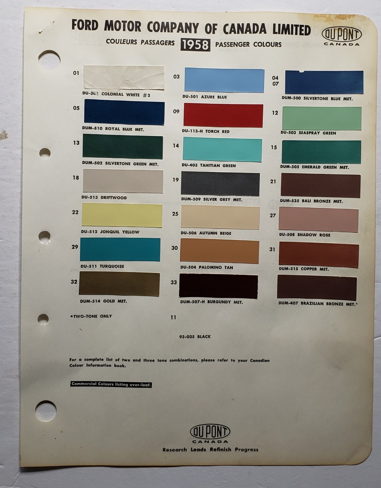 1958 Ford Passenger Auto Color Chips Chart Paint Code Canada Dupont | eBay
