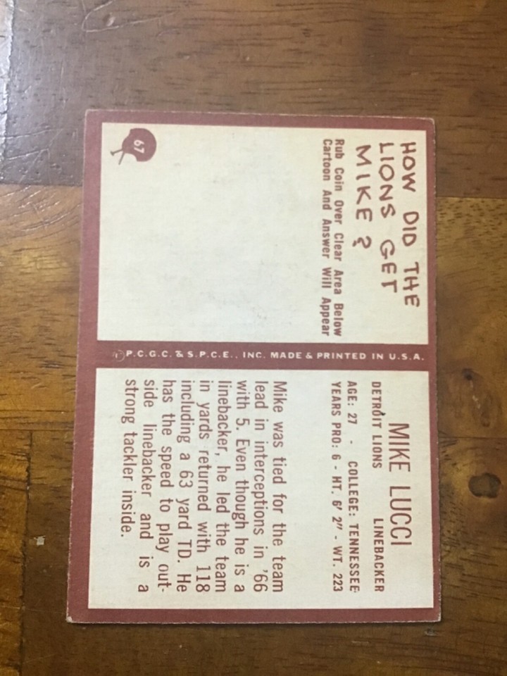 1967 Philadelphia Football #67 Mike Lucci….. Detroit Lions | eBay