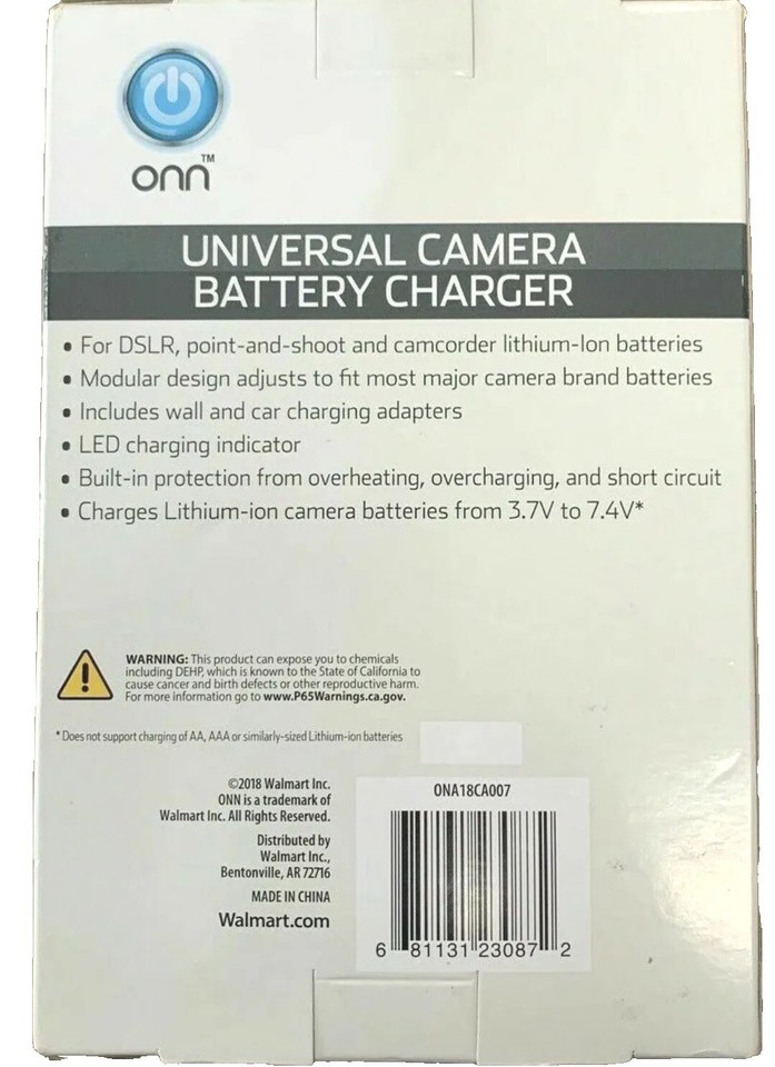 ONN Universal Camera Lithium-lon Battery Charger Wall & Car Adapter ...