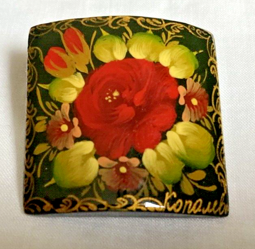 Vintage RUSSIAN Lacquer Pin Floral Red Gold Brooch Hand Painted Signed ...
