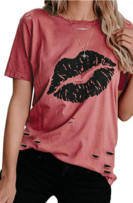 Elapsy Women's Distressed Tee T-Shirt Lip Print Casual Blouse Medium M ...