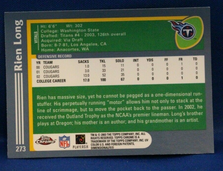 2003 Topps Chrome Football Card Rien Long #273 | eBay