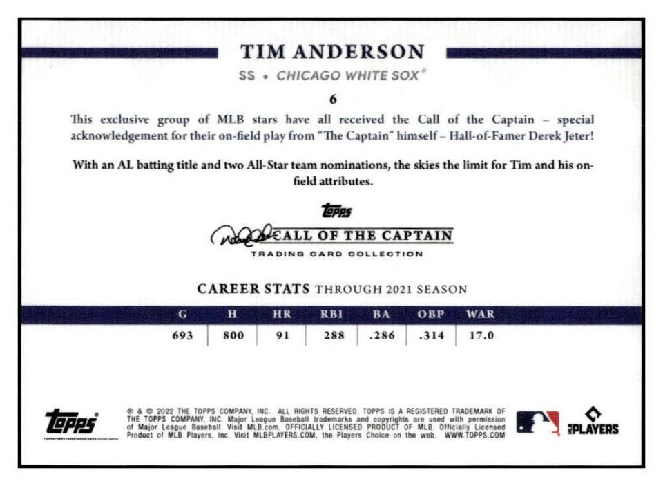 TIM ANDERSON 2022 Topps X Jeter Call of the Captain #6 White Sox MLB PR ...