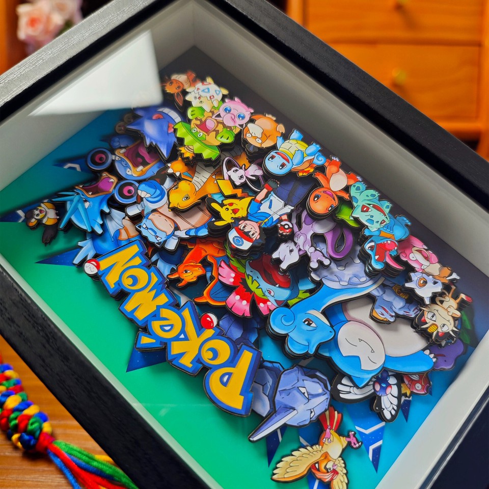 Pokemon Group 3D Shadow Box Picture Display Frame Art Deco Wall Pikachu ...
