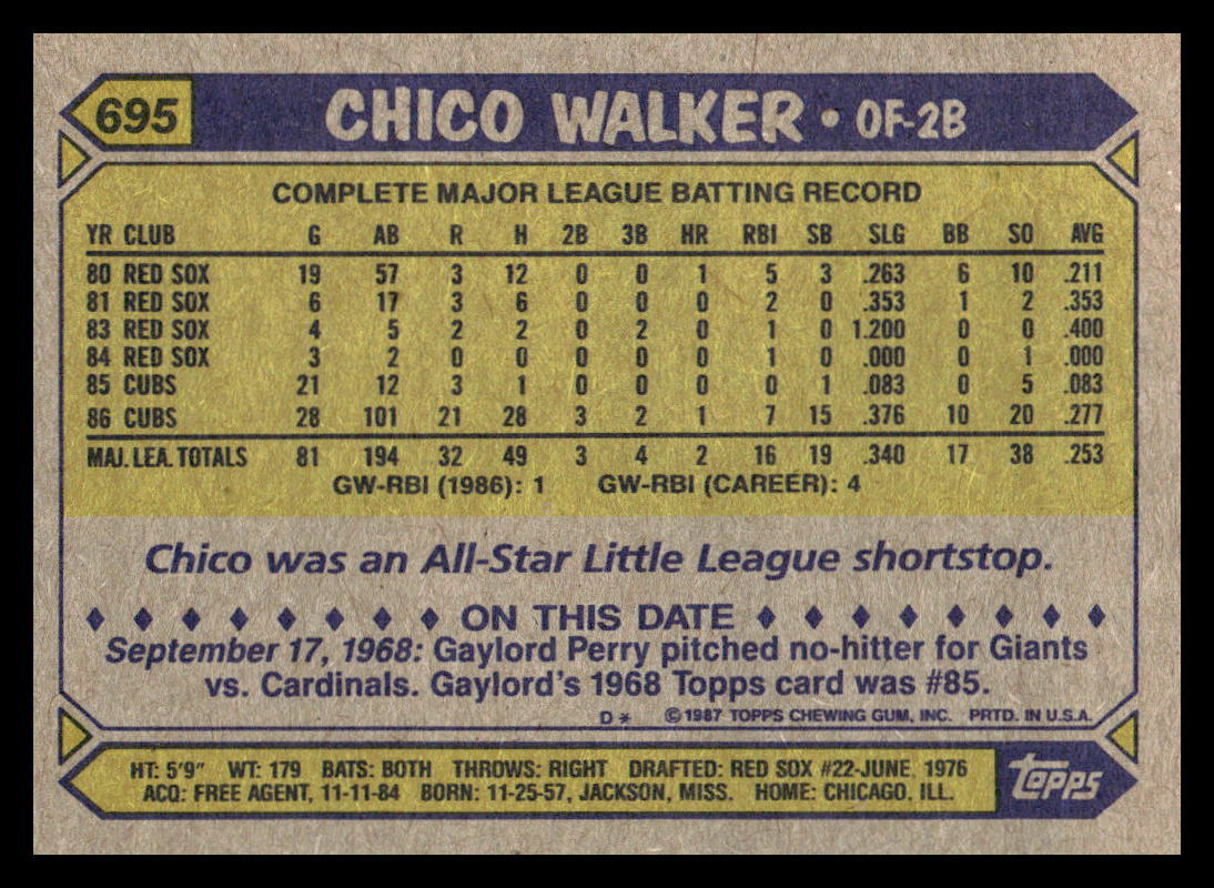 1987 Topps #695 Chico Walker RC Chicago Cubs | eBay