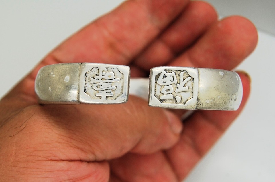 VINTAGE OLD CHINESE FU SHOU SILVER MANDARIN DUCK LOTUS CUFF BRACELET | eBay
