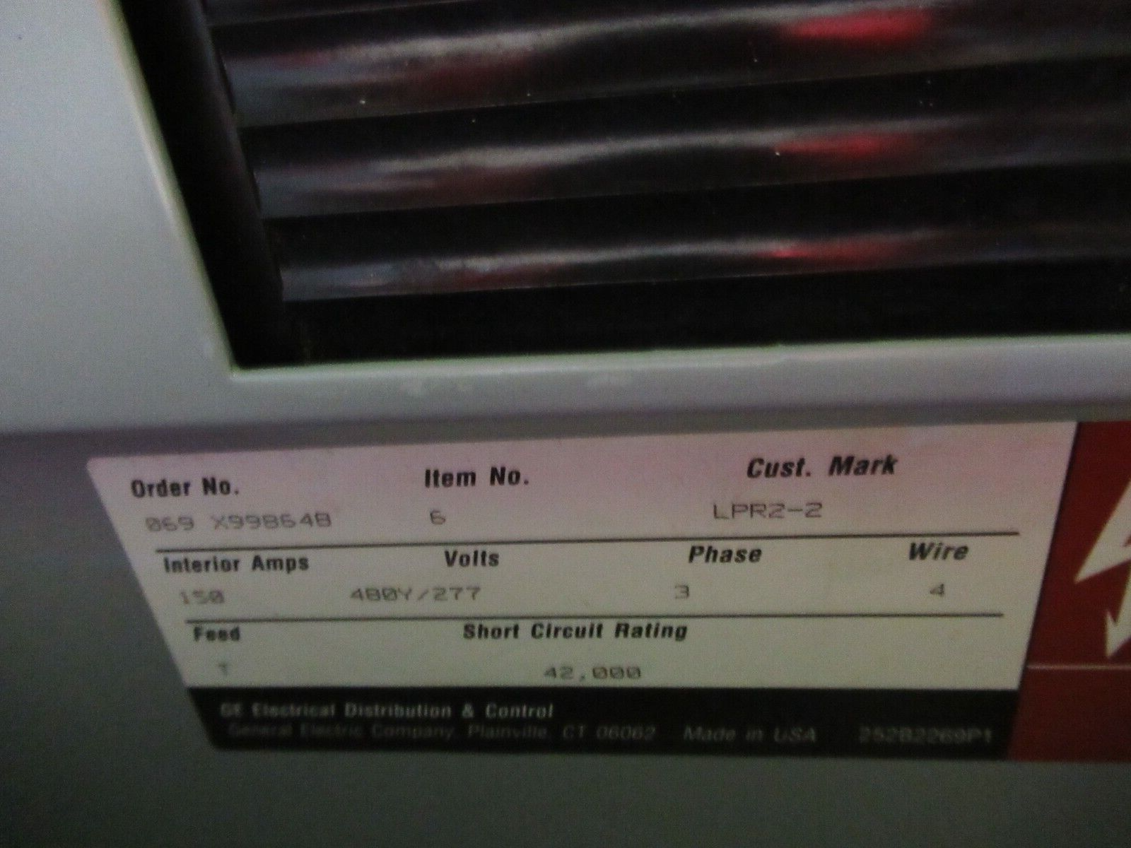 GE SPECTRA Panelboard 150A TFK Main Breaker 277/480V 3PH4W CU Bus ...