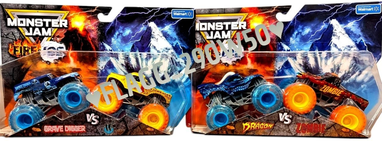 NEW! Monster Jam GRAVE DIGGER vs W & DRAGON vs ZOMBIE Fire & Ice Truck ...