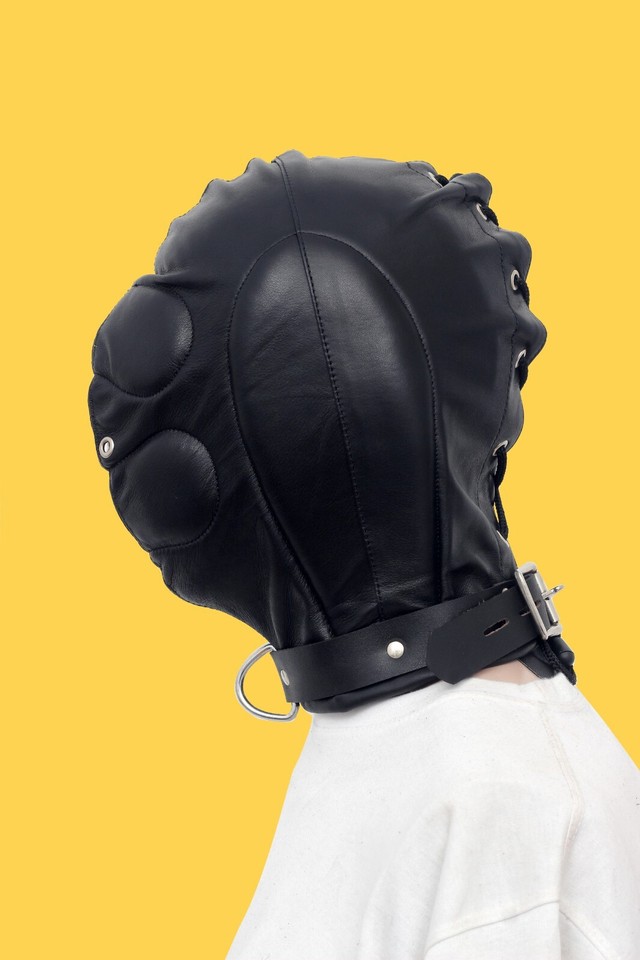 Genuine Leather Padded Bondage Mask Hood Sensory Deprivation Hood Gimp ...