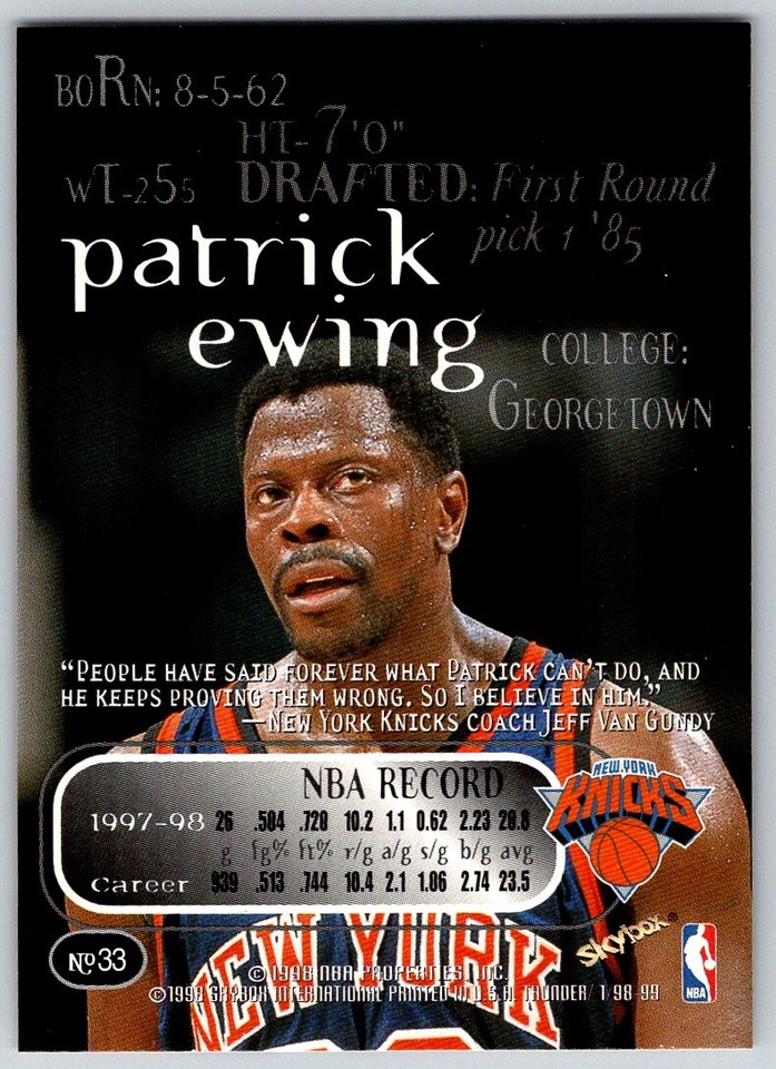 1998-99 SkyBox Thunder PATRICK EWING Knicks HOF - FREE Ship! | eBay