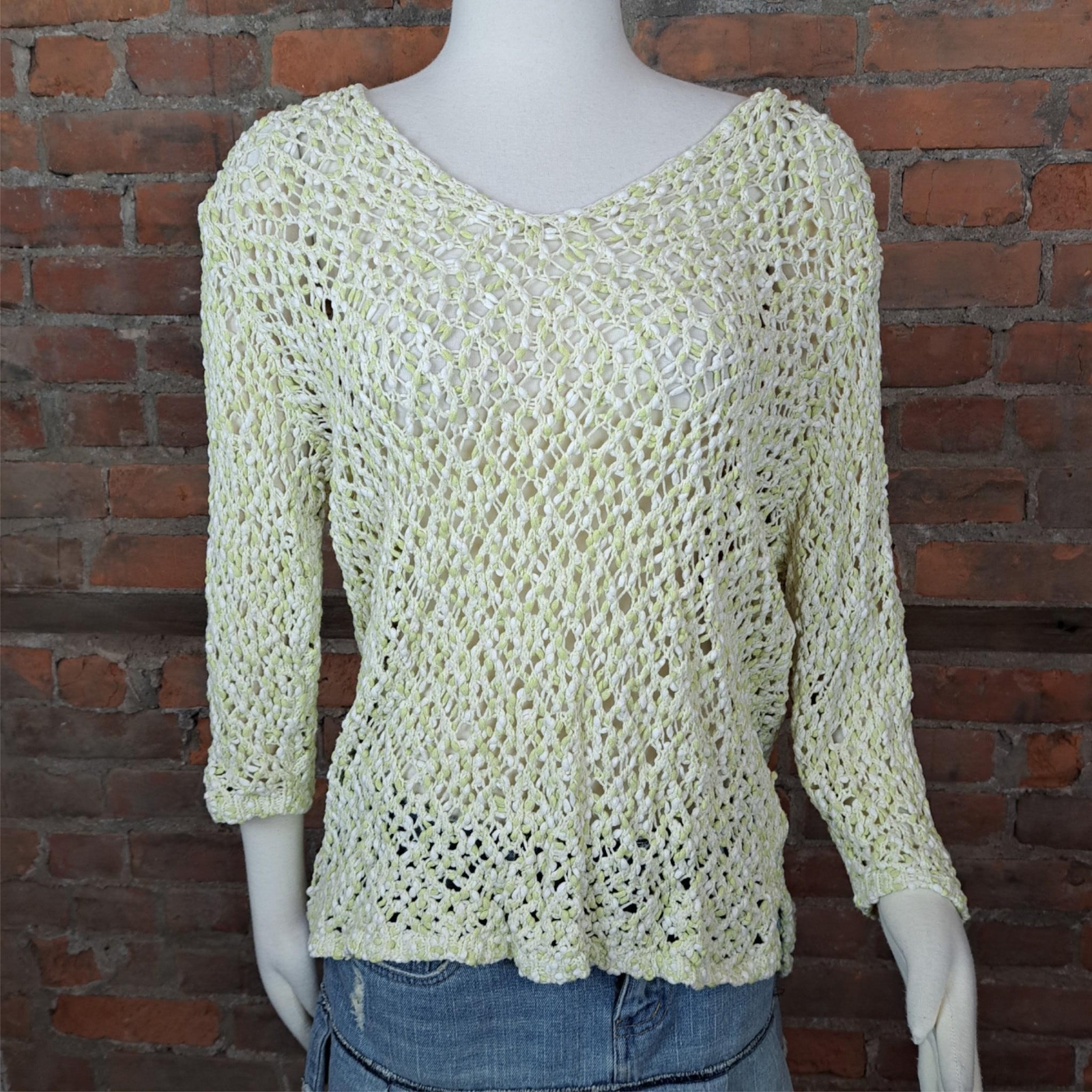 J. Jill Sweater Crochet Ivory Green Open Weave Tunic … - Gem