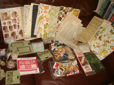 lots of various craft items papers ribbon fabric embroidery thread card ...