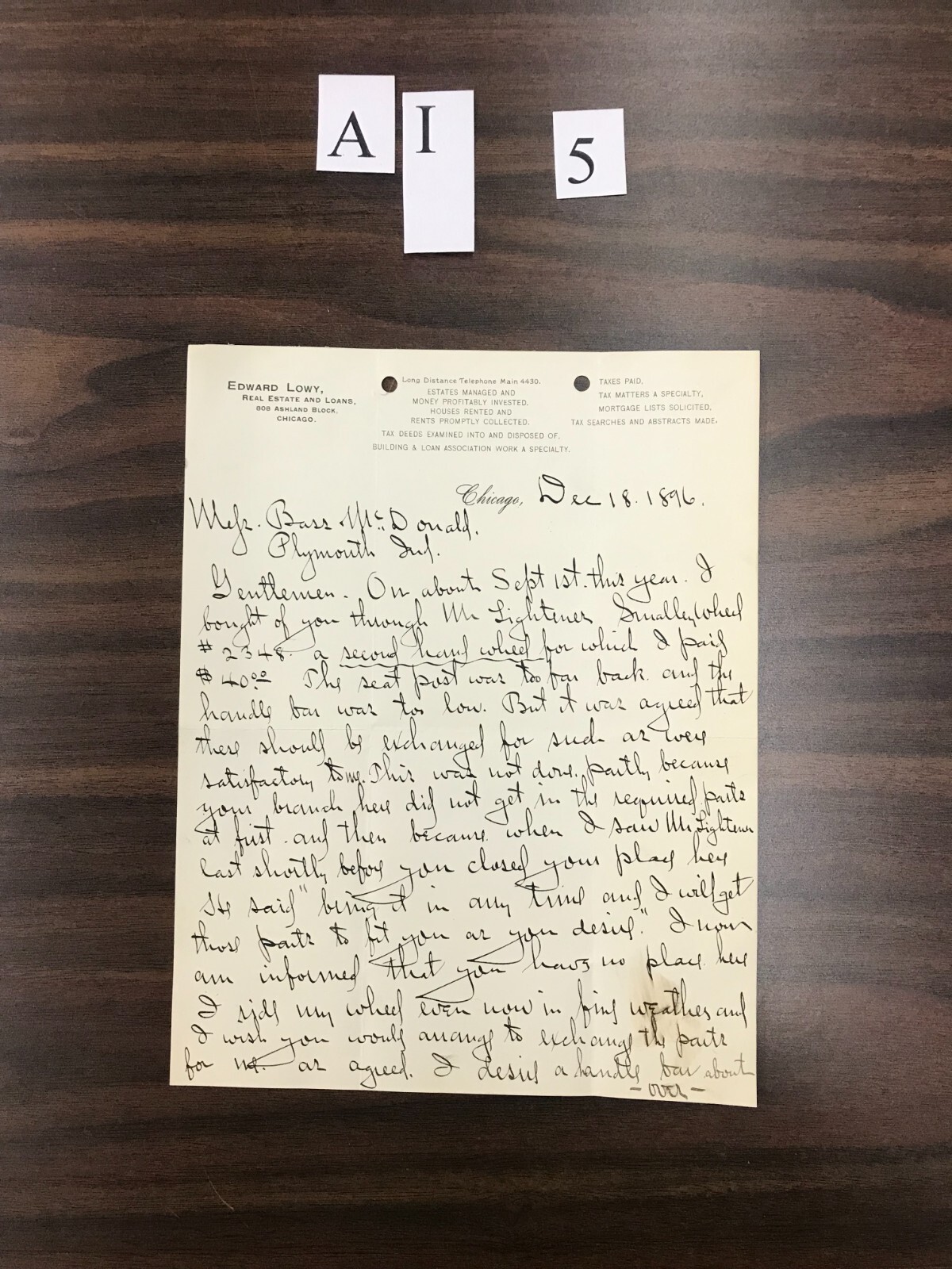2 page letter, Letterhead, Chicago, Ed Lowry Real Estate bicycle ...