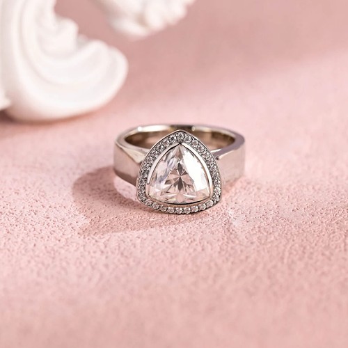 Broad Band Sterling Silver Bezel Set Halo Moissanite Trillion Cut ...